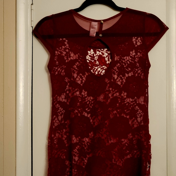 Miguilito | Tops | Crimson Red Lace Sheer Top Studded At Collarbone ...